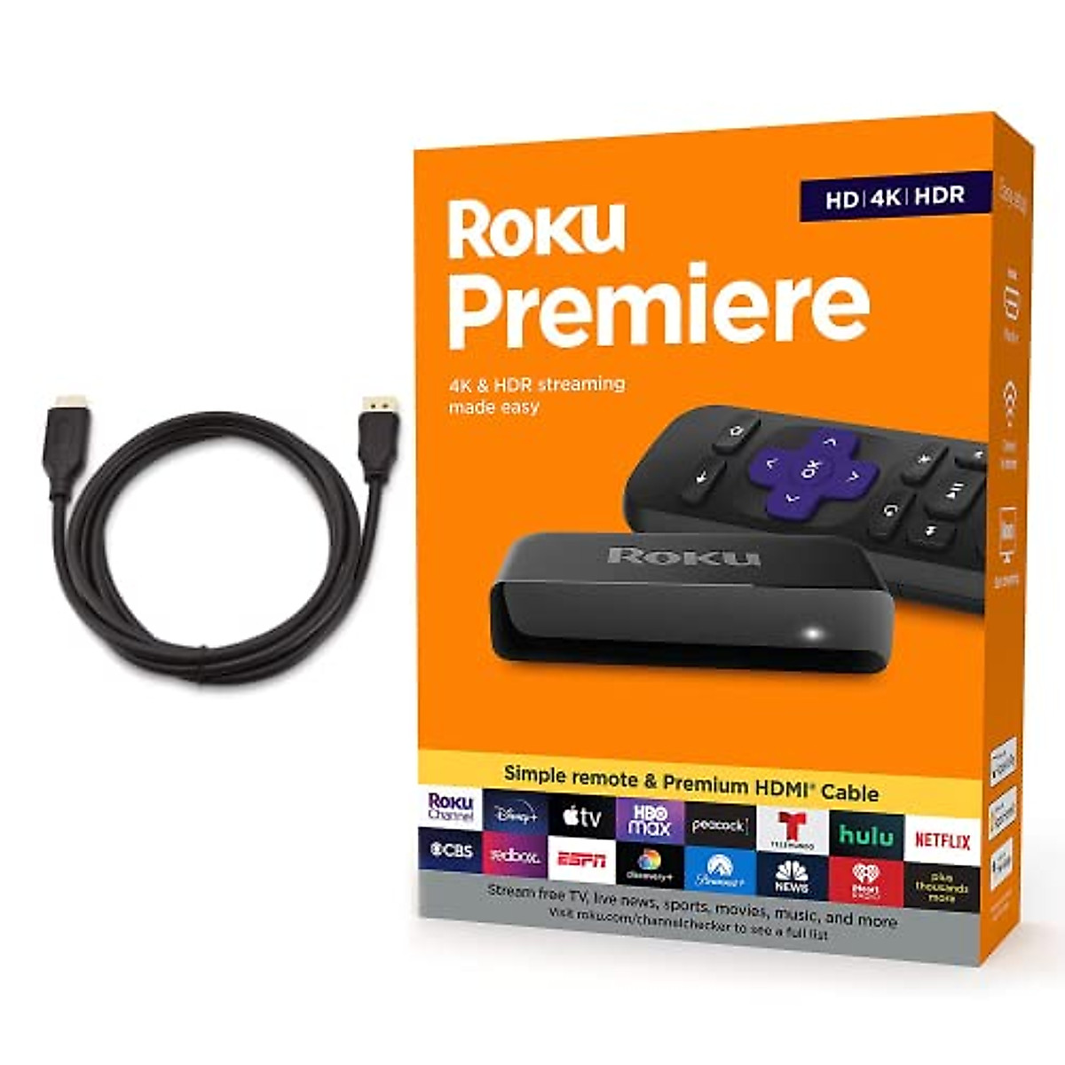 Roku Premiere Streaming Media Player HD/4K/HDR Simple Remote and Premium HDMI Cable, Black & Bundle Swanky Cables HDMI Cable, 3920R