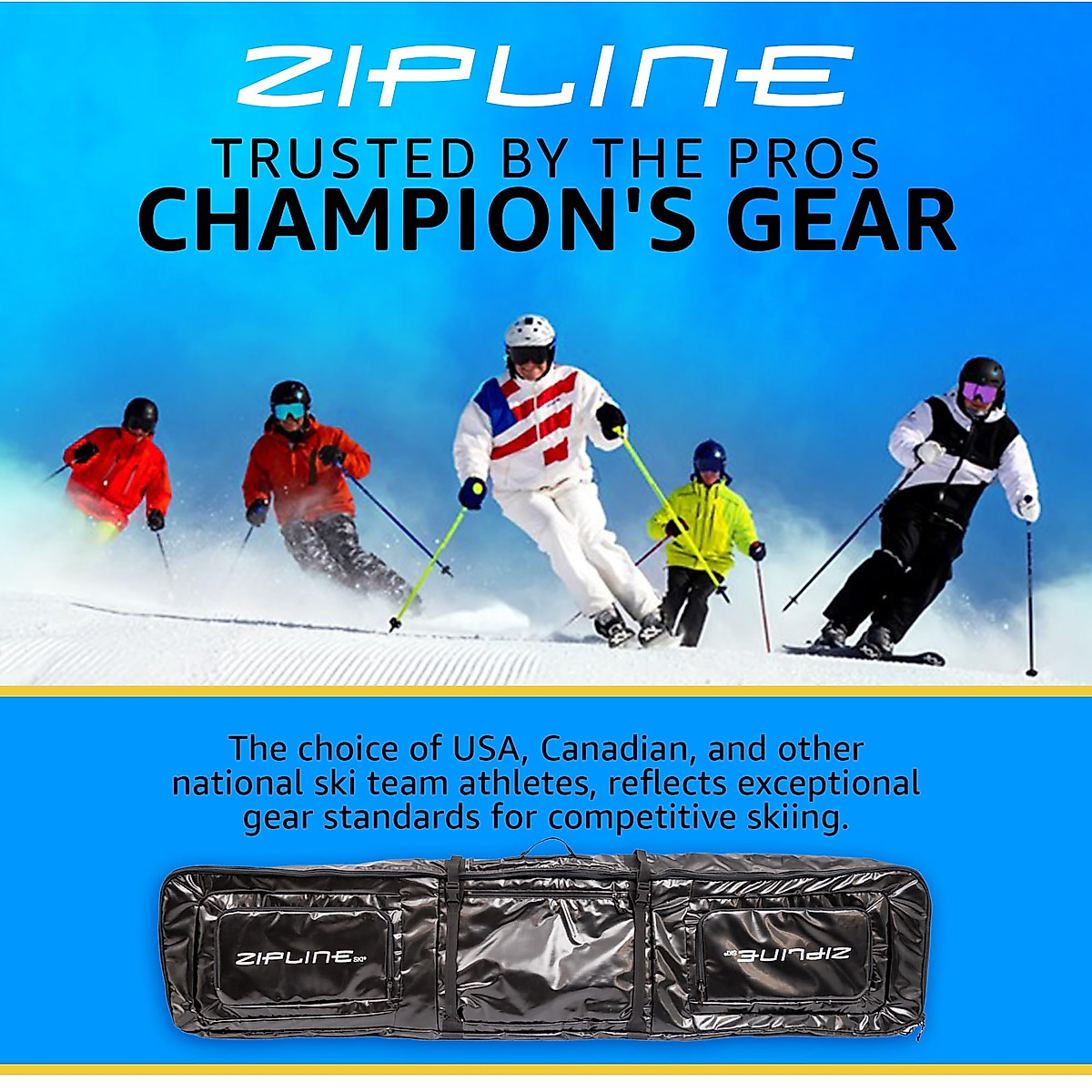 Zipline Ski Double Ski Bag with Wheels - Gear & Apparel Storage for Skiers - 180/200 cm Capacity - Durable & Waterproof Backpack - Proven Performance - 3 Yr Warranty - Ski & Snowboard Travel Bag