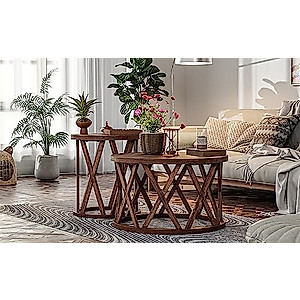 COZAYH Farmhouse Coffee Table, Rustic Round Coffee Table with X-Motifs Legs, Wood Textured Top, for Boho, French Country Decor, Brown