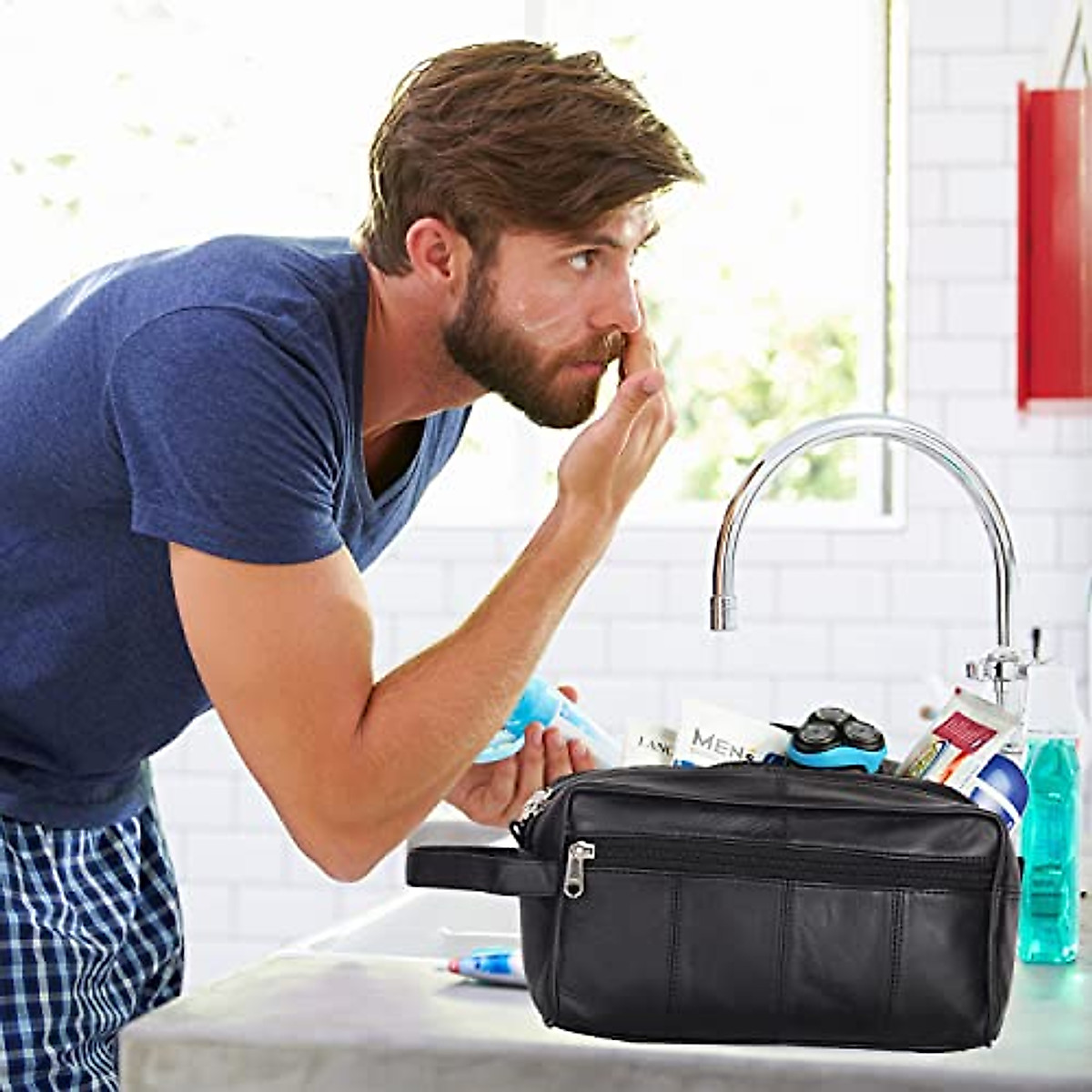 Liberty Leather- Black Genuine Leather Toiletry Bag for Men and Women, Dopp Kit, Bathroom Organizer Shaving Bag, Cosmetic Bag for Women, Hygiene and Grooming Kit Organizer