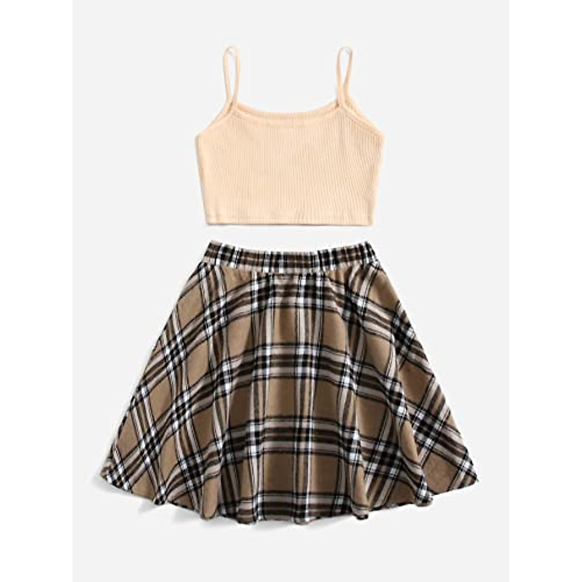 WDIRARA Girl's 2 Piece Cute Outfits Cartoon Print Cami Top and Plaid Skirt Set Multicolored 11-12Y