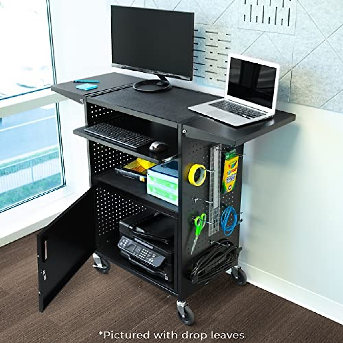 Line Leader Stellar AV Cart | Computer Cart with Pegboard Siding & 12 Hooks for Customizable Storage | Locking Cabinet & Pullout Keyboard Tray | UL Safety Certified Power Outlets | Locking Wheels 