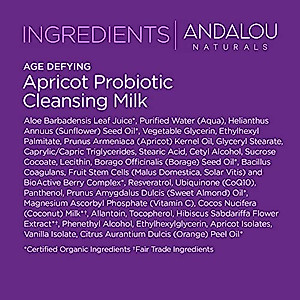 Andalou Naturals Probiotic Cleansing Milk, Apricot Facial Cleanser for Dry, Dehydrated Skin, Gentle Makeup Remover, Hydrating Anti Aging Face Wash, Cruelty Free, 6 Fl Oz