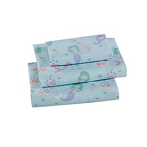 Linen Plus Sheet Set Kids/Teens Mermaids Underwater Castle Jellyfishes Aqua Pink Lavender Purple # Aqua Mermaid (Twin)
