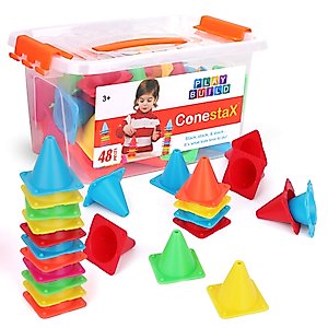 Play Build ConestaX Stacking Game - 48 Pcs Cones Balancing Stacking Toy - Fun STEM/STEAM Activity Games for Toddler - Educational Cone Stack Toys with Plastic Storage Container