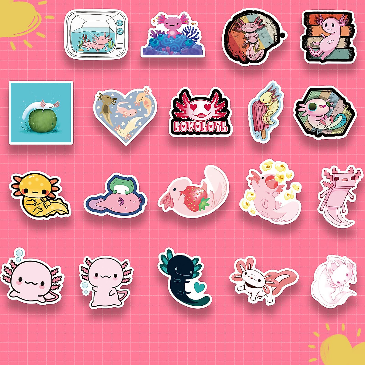 Axolotl Stickers,50 PCS Cute Axolotl Waterproof Stickers,Vinyl Stickers for Water Bottle,Laptop,Phone,Skateboard Stickers for Teens Girls Kids