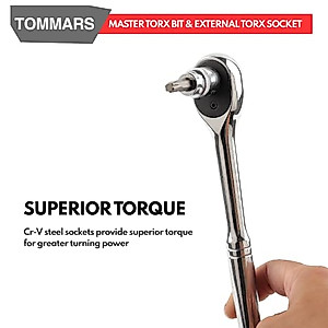 TOMMARS 60-Pc Master Torx Bit Socket and External Socket Set 1/4", 3/8", 1/2" Drive, S2 Steel Bits, CRV Sockets E4-E24, T6-T70,TT6-TT70,TP8-TP60