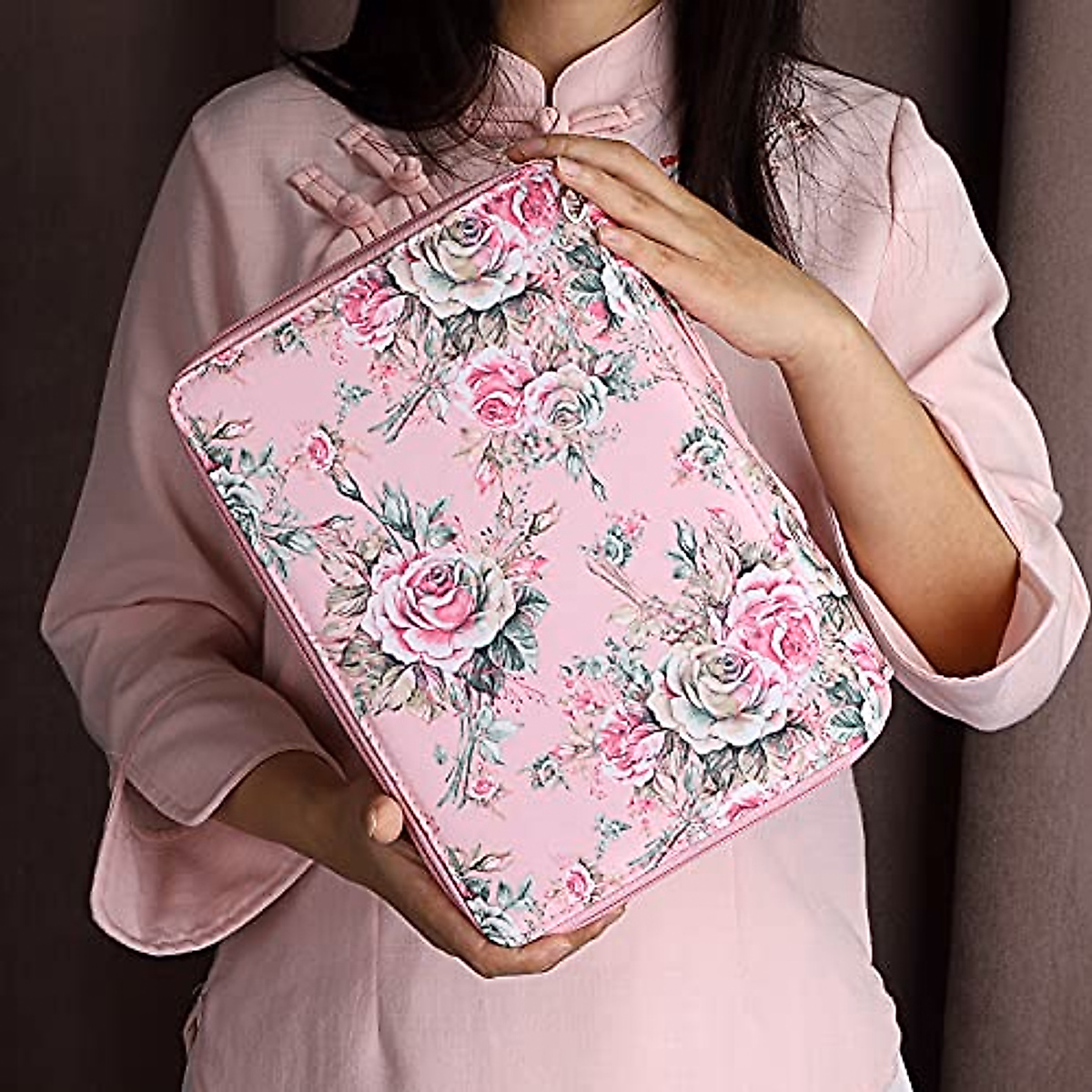 BTSKY Colored Pencil Case- 200 Slots Pencil Holder Pen Bag Large Capacity Pencil Organizer with Handle Strap Handy Colored Pencil Box with Printing Pattern Pink Rose