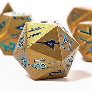 Cracked Iron Ruins Metal Dice + Gold Metal Dice with Blue Cracks