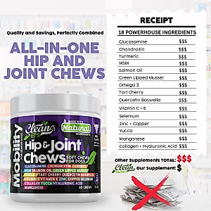 Hip and Joint Supplement Dogs with Glucosamine for Dogs + Chondroitin, Turmeric, Hyaluronic Acid, MSM, Salmon Oil, Collagen, Vitamin C, Omega 3 Senior Dog Supplements Beef Flavor by Clean Pets