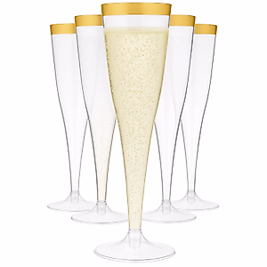 Oojami 30 Plastic Classic Champagne Disposable Flutes for Parties Plastic cups Wedding Party Toasting Cocktail Cups Bulk Party Pack (Gold Rim)