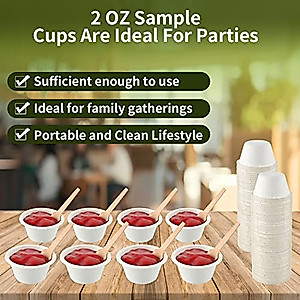 100 Set 2 oz Portion Cups Paper Souffle Portion Cups with Wooden Spoons Disposable Chili Cook Off Sample Cups for Party Supplies (100)