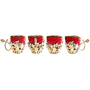 Chandler Turkish Coffee Set Espresso Greek Arabic Coffee Cup and Saucer 3 Fl oz with Gold Acrylic Gift Box Collection of 7 Colors and Designs (Red With Gold and White Gem)