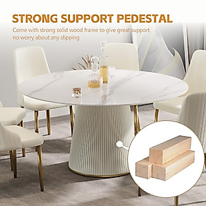 53'' Round Marble Dining Table for 4, Modern White Sintered Stone Top Kitchen Table for Dining Room,Faux Marble Circle Dining Table with Solid Wood Panel Pedestal,Wrapped in PU Leather(Only Table)