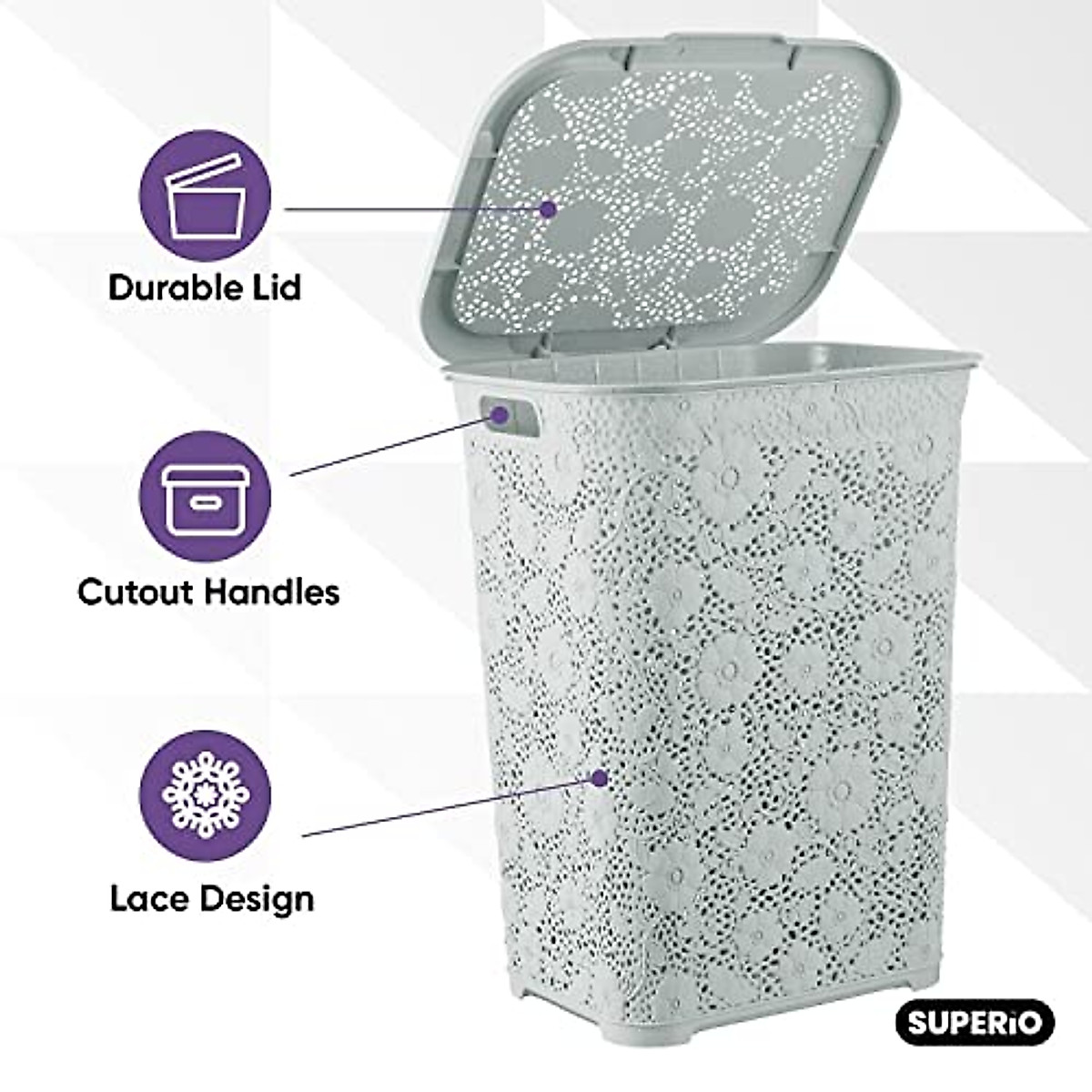Laundry Hamper Basket With Lid, Plastic Hamper White Smoke Tall Cloths Hamper Basket Organizer with Cut-out Handles- Space Saving for Laundry Room, Bedroom, Bathroom-Lace Design, 50 Liter