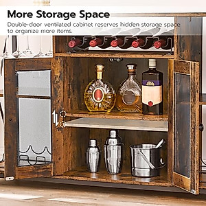 HOOBRO Wine Bar Cabinet with Led Lights and Power Outlets, Coffee Bar Cabinet for Glasses, Sideboard Buffet Cabinet, Liquor Cabinet for Dining, Living Room, Bar, Rustic Brown and Black BF13UDJG01