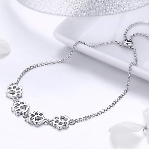 BISAER 925 Sterling Silver Dog Cat Paw Prints Bracelets Cat Bracelet Adjustable Bracelets for Women Dog Mom Pet Lover Gifts Jewelry