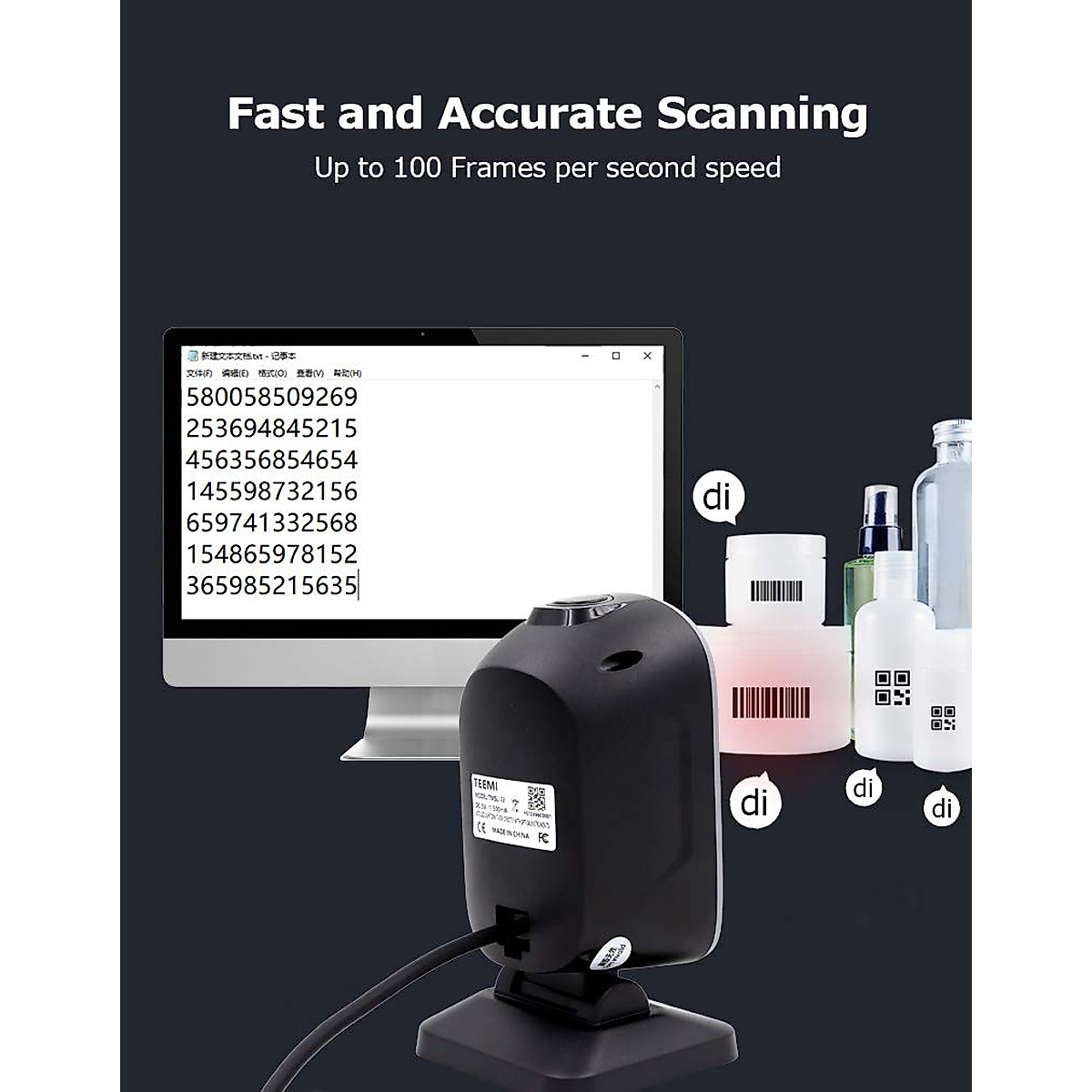 TEEMI Handsfree 2D QR Desktop Barcode Scanner, 1D Handheld Automatic Omnidirectional USB Reader CMOS Image Sensor, Wall Mountable Large Scanning Window Capture Screen Codes, TMSL-72