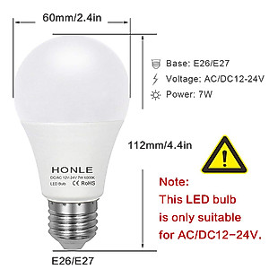 E26 E27 LED Light Bulbs 12V 24V Low Voltage 7W Daylight White 6000k Standard Edison Base 60w Halogen Bulb Equivalent A19 for Rv, Off Grid Solar Panel Project Lighting, Boat, Garden Landscape Pack of 2