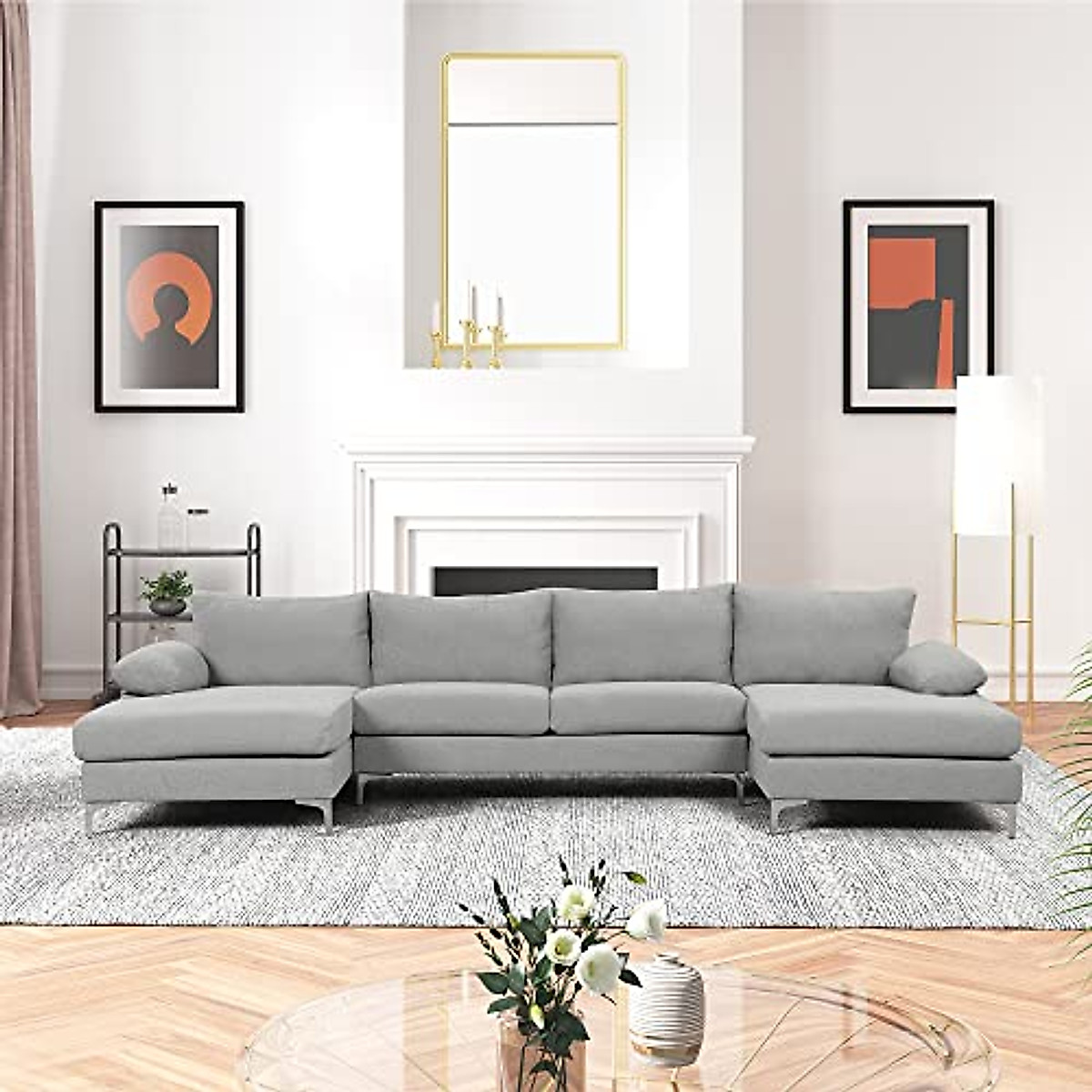Casa Andrea Milano Modern Large Boucle U-Shape Sectional Sofa, Double Extra Wide Chaise Lounge Couch, Light Grey