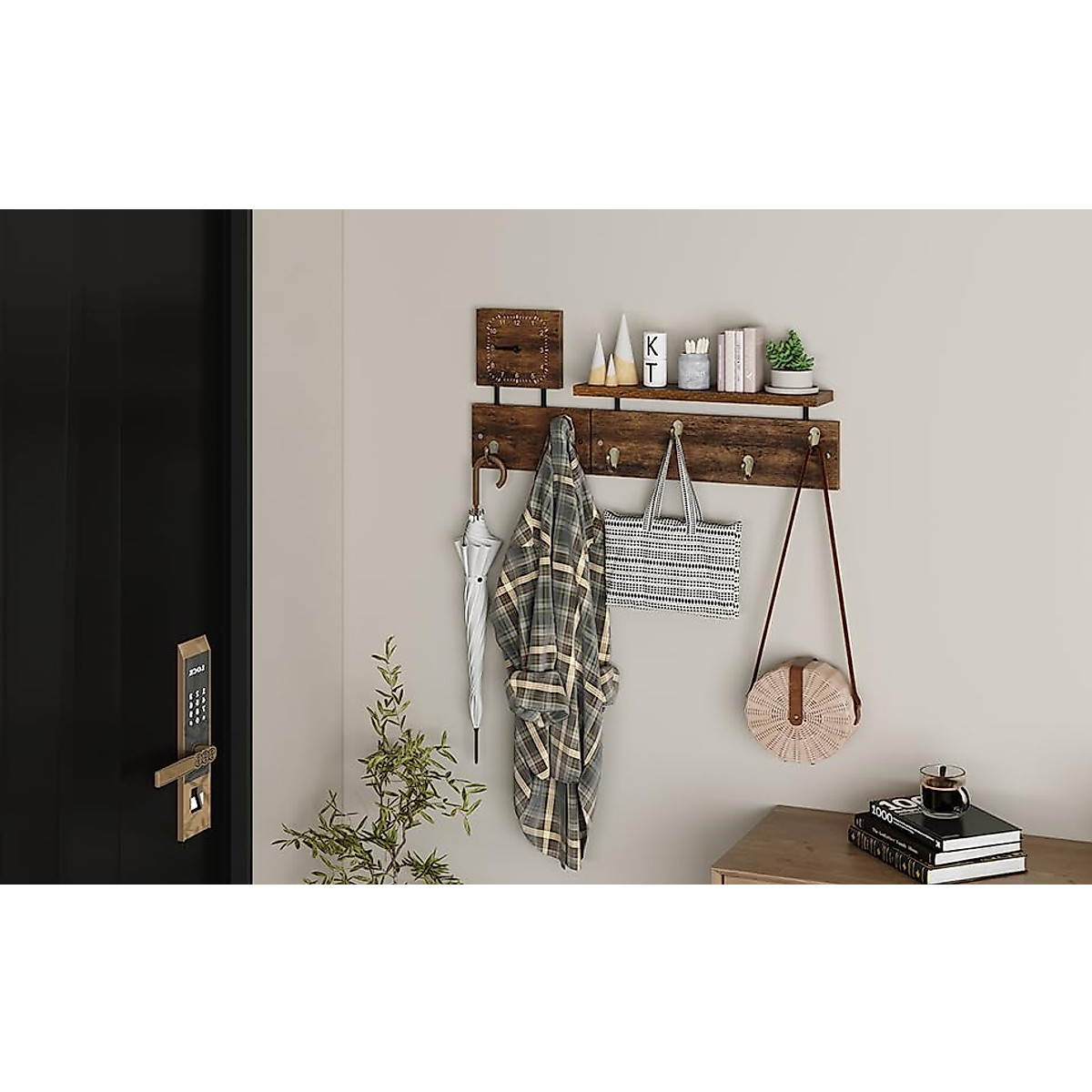 X-cosrack Coat Rack Wall Mount, Wooden Wall Mounted Storage Rack with Clock and 6 Hooks，Hanging Coat Rack with Shelf for Entryway, Bathroom, Living Room, Bedroom