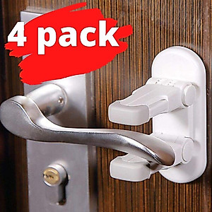 4-Pack Improved Childproof Door Lever Lock Prevents Toddlers From Opening Doors. Durable ABS with 3M Adhesive Backing.Easy One Hand Operation for Adults.Simple Install, No Tools Needed (4 white pack)