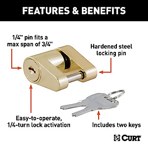 CURT 23022 Brass-Plated Steel Trailer Tongue Coupler Lock, 1/4-Inch Pin Diameter, Up to 3/4-Inch Span