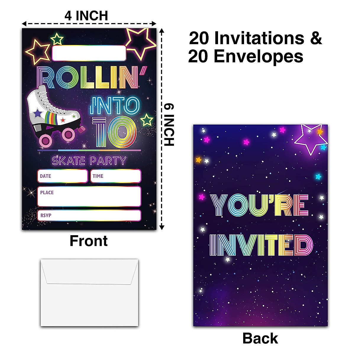 4" x 6" Neon Roller Skating 10th Birthday Party Invitation Cards With Envelopes (20 Sets) - Rolling Into 10 - C03