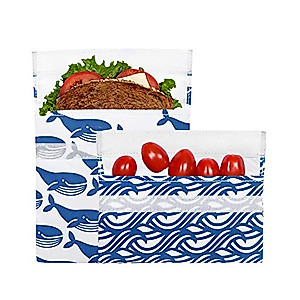 Lunchskins Reusable 2 Piece Food Storage Bag Set, 1 Sandwich Bag + 1 Snack Bag, Blue Whale