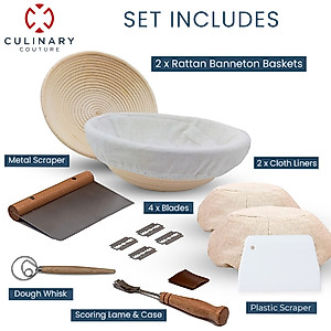Culinary Couture Proofing Basket Set - Includes 2 Rattan Banneton Baskets & Linen Liners, Metal Scraper, Plastic Scraper, Scoring Lame, Dough Whisk, 5 Blades with Case - Complete Sourdough Starter Kit
