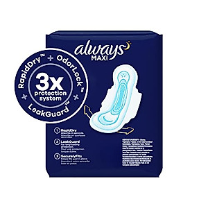 Always Maxi Feminine Pads For Women, Size 4 Overnight Absorbency, Multipack, With Wings, Unscented, 48 Count x 3 Packs (144 Count total)