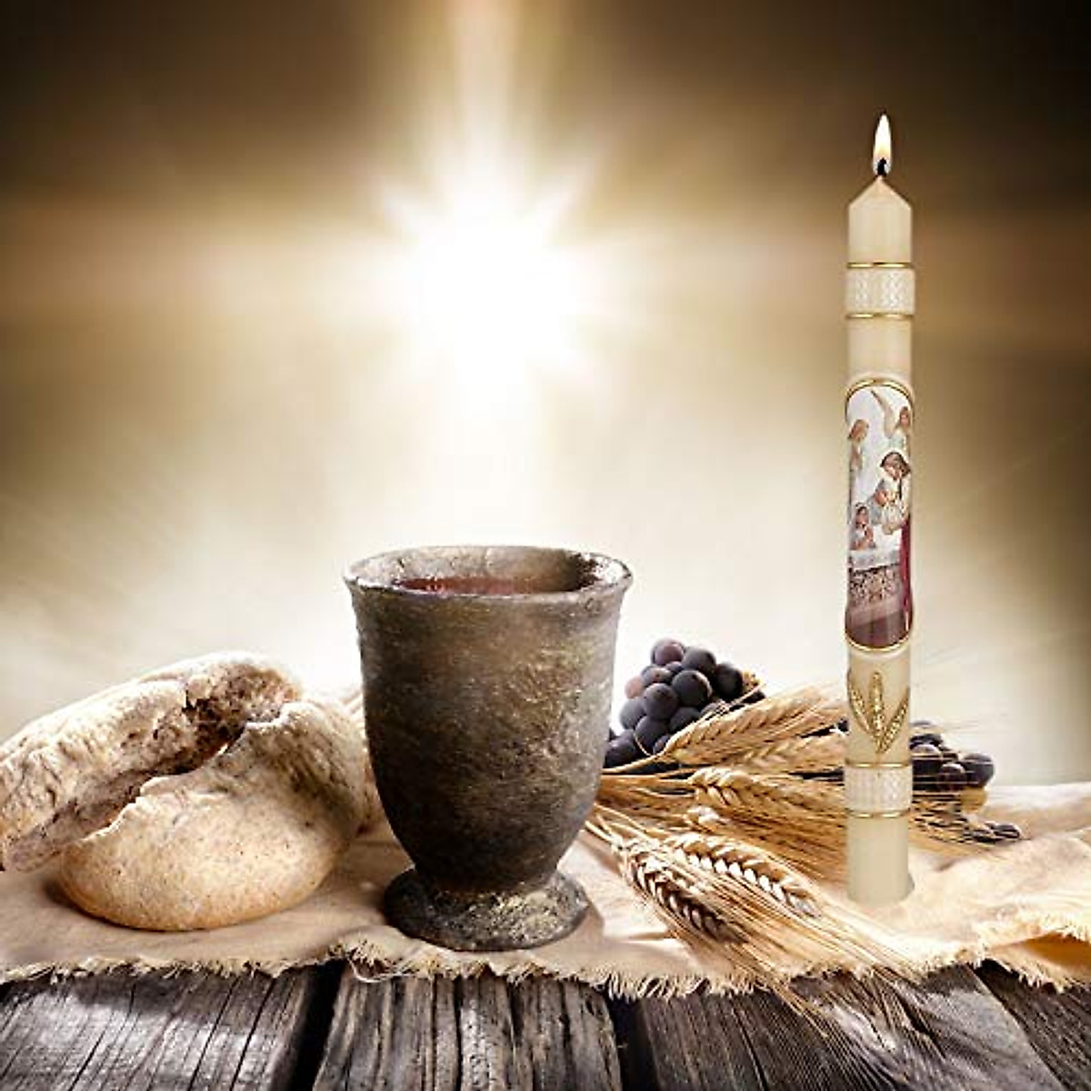 First Holy Communion Gifts for Girls, Hand Decorated Taper Candle with Image of Jesus Little Girl and Angels, Keepsake Gift Sacrament Celebration 9.75 Inches