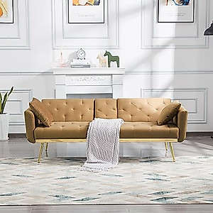 FREESNOOZE 72.4'' Convertible Velvet Sleeper Sofa Bed Loveseat Futon Couch w/2 Cupholders, Metal Legs, 2 Pillows for Home, Office, Guest Room, Apartment-Brown