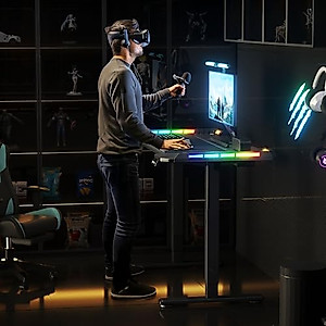 Gaming Desk with LED Lights & APP Control, 48" x 24" Gaming Table with Music Sensing, Underdesk Cable Storage Electric Standing Desk, Black Carbon Fiber PC Desk for Gaming and Home Office