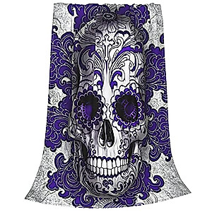 Blue Sugar Skull Floral Throw Blanket Warm Ultra-Soft Micro Fleece Blanket for Bed Couch Living Room Decoration