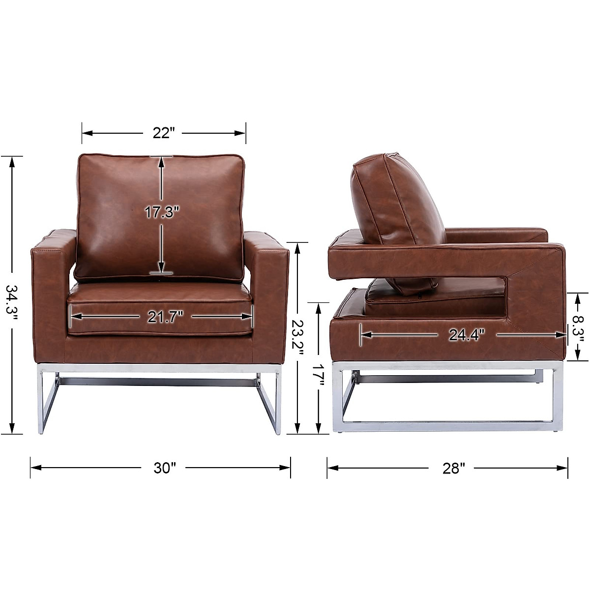 CIMOO Leather Accent Chair with Back for Living Room, Modern Armchair for Bedroom Tufted Single Sofa Chair Upholstered Comfy Reading Chair Extra Wide Arm Chair with Sliver Legs, Brown