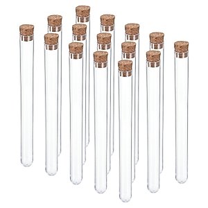 PATIKIL 13ml Plastic Test Tubes with Cork Stoppers, 15Pcs 150x15mm Tubes for Scientific Party Decoration Candy Bead Storage Bath Salt Lab Use, Clear