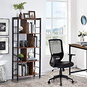 VECELO Home Office 5-Tier Bookshelf and Chair Set, Industrial Book Shelf with Ergonomic Lumbar PU Padded Chairs for Task Work, Black and Brown