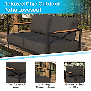 EMMA + OLIVER Black Aluminum Frame Loveseat with Teak Arm Accents and Charcoal Cushions