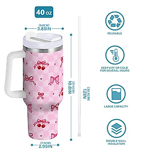 Bseiialft 40 oz Tumbler with Handle Pink Bow Cherry Heart Check Water Bottle with Lid and Straw Vacuum Insulated Cup Stainless Steel Travel Coffee Mug for Home Office Car