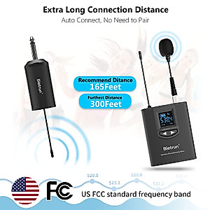Bietrun UHF Wireless Lavalier Lapel Microphone System/Headset Mic/Stand Mic, 165ft Range, Rechargeable Transmitter Receiver, 1/4" Output, for iPhone,Android,PA Speaker,DSLR Camera,YouTube, Recording