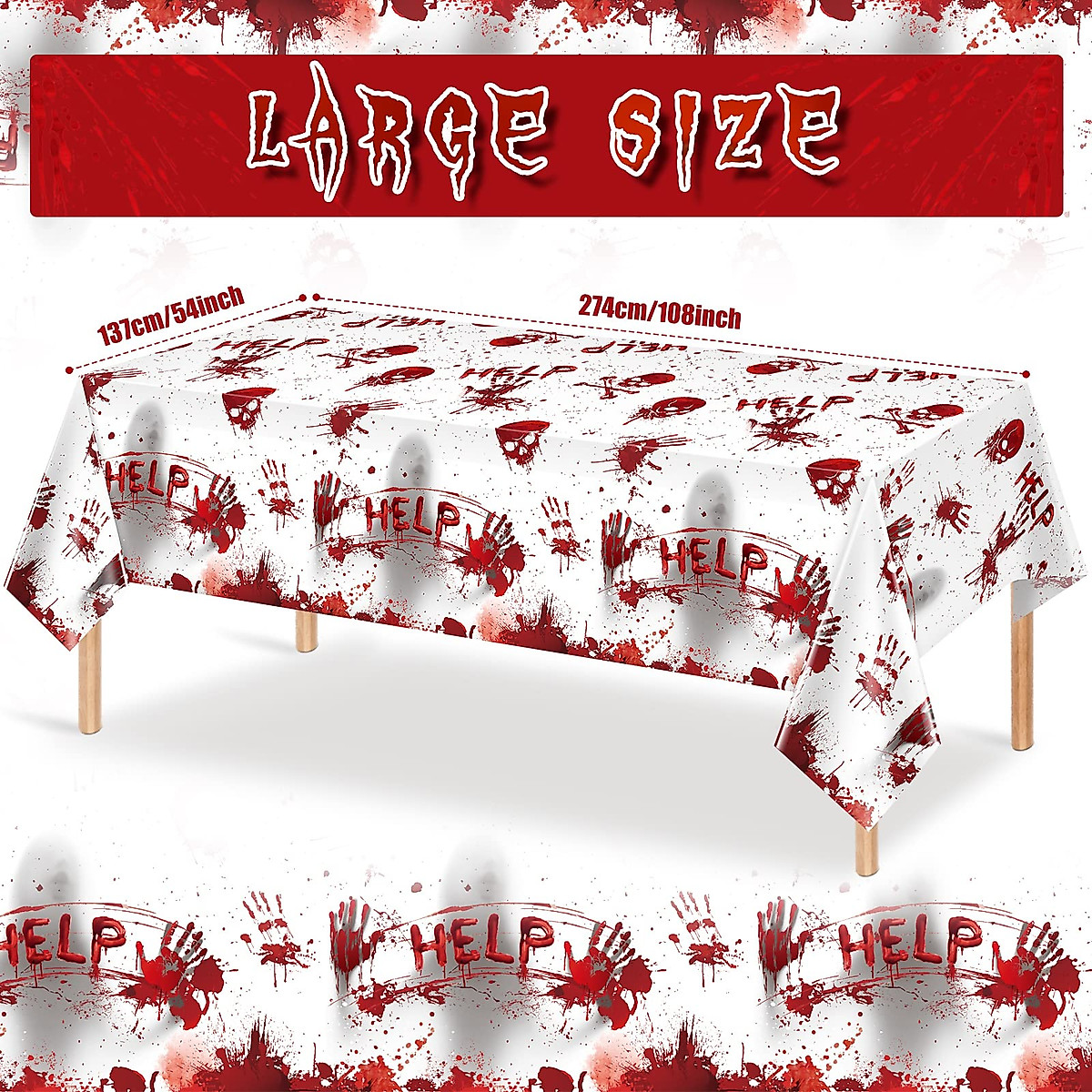 3Pcs Halloween Bloody Handprint Tablecloth Decorations, Plastic Handprints Shadowy Bloody Skull Table Cover Backdrop Banner for Halloween Vampire Zombie Horror Party Supplies,54 x108 inches