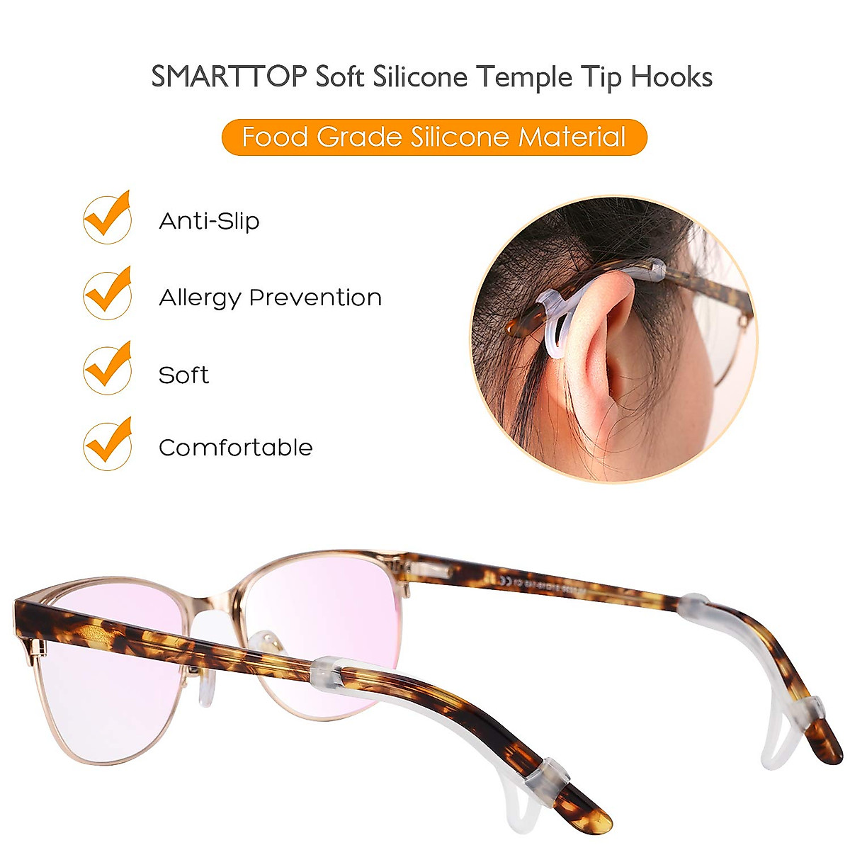 SMARTTOP Eyeglasses Ear Grips Sleeve-Upgrade anti-slip Silicone Eyeglasses Temple Tips Sleeve Retainer-Sleeve with Hook design-Soft and comfort Glasses Ear hooks 6Pairs (WHITE)