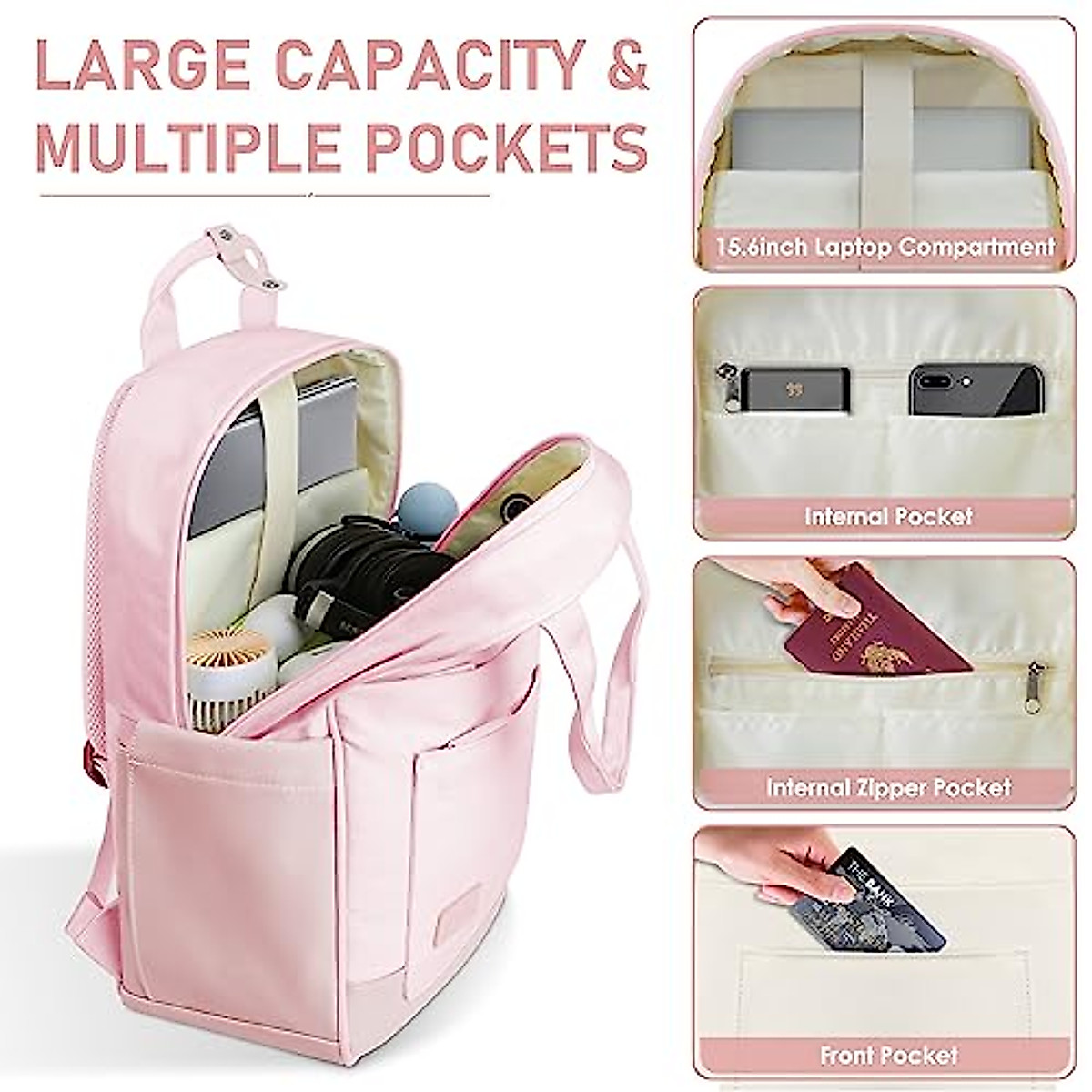 ZOMFELT Casual Laptop Backpack for Women, 15.6 inch Laptop Bag with USB Charging Port, Lightweight College Backpack for School, Daily Backpack Travel Work Backpack for Women, Men, Girls, Pink