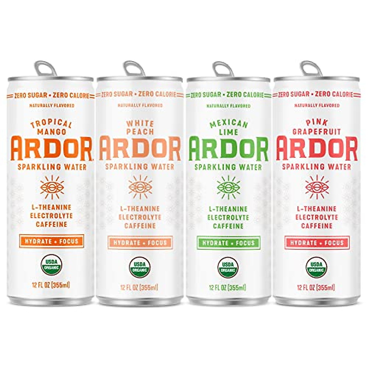 ARDOR ENERGY Sparkling Water TROPICAL variety 12 pack with 100mg Organic Caffeine from Green Tea & 200mg Organic L-Theanine (Focus & Calm). No Sugar. No Calories. Vegan. Gluten Free.