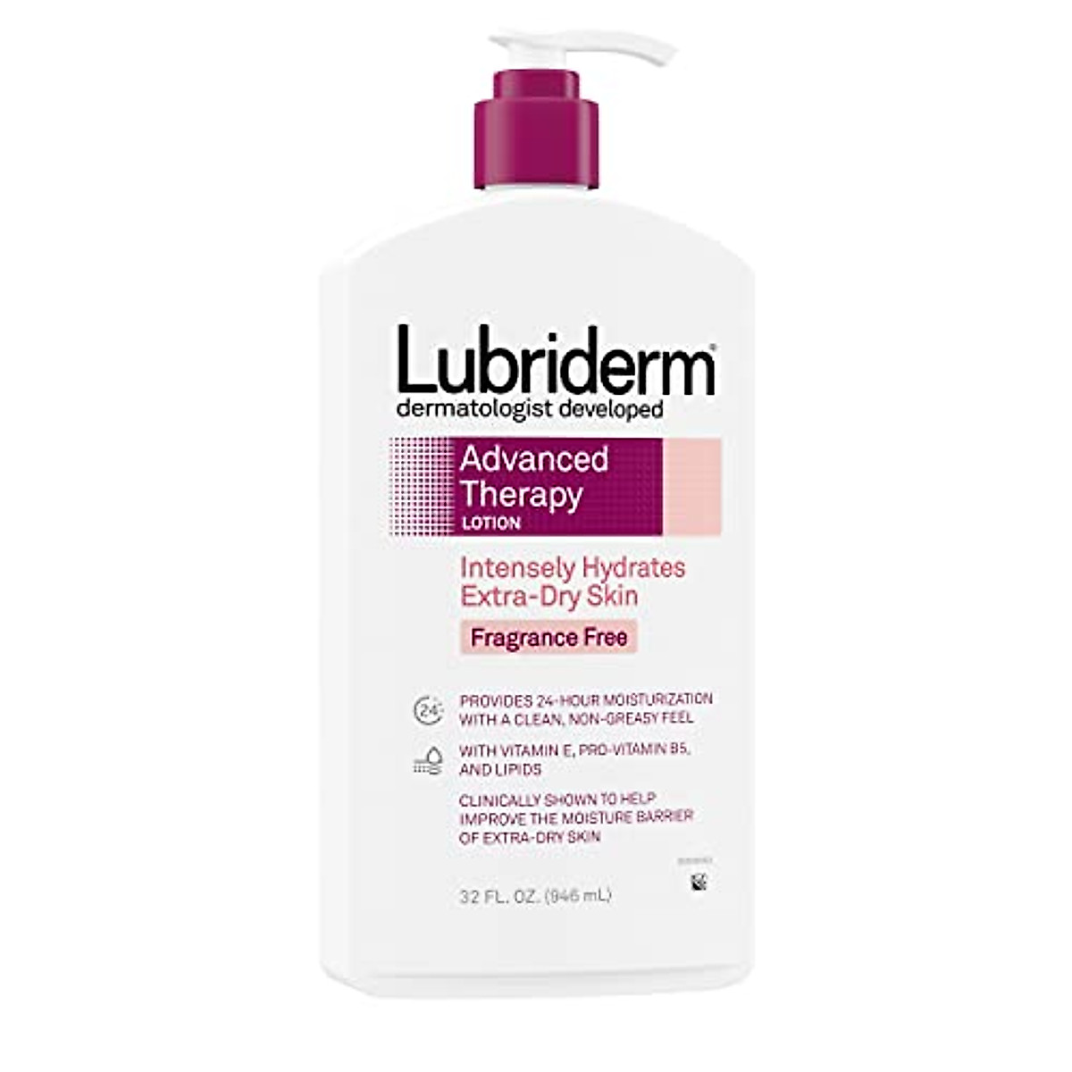 Lubriderm Advanced Therapy Fragrance-Free Moisturizing Lotion With Vitamins E And Pro-Vitamin B5, Intense Hydration For Extra Dry Skin, Non-Greasy Formula, 32 fl. oz