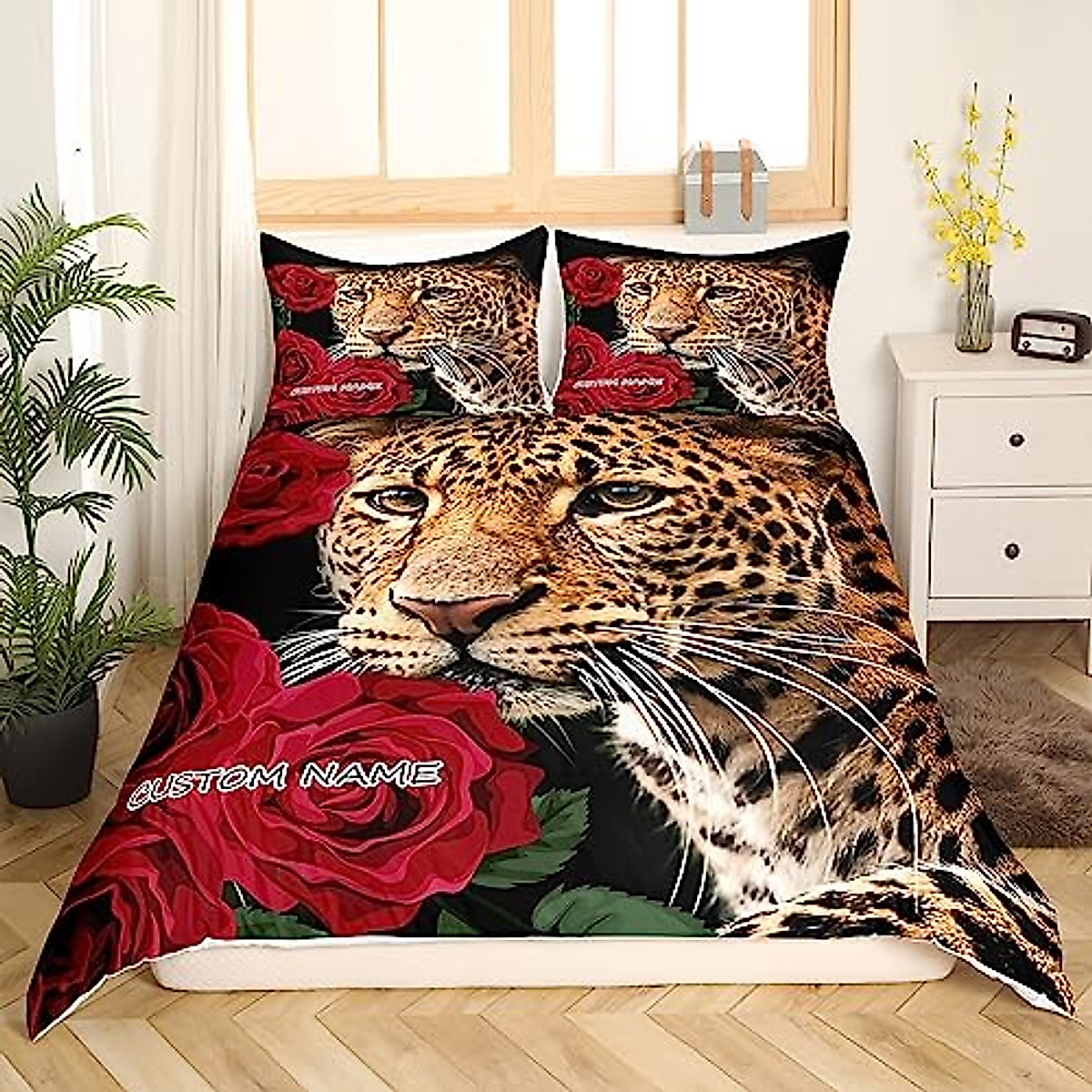 Custom Name Leopard Print Comforter Cover Red Rose Flower Duvet Cover Queen,Cheetah Bedding Set Big Cat Wildlife Bed Set Wild Animal Theme Bedroom Decor for Boys Girls Youth Men Women Female,Brown