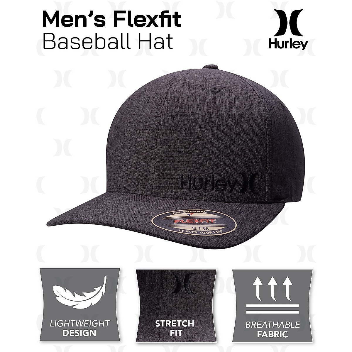 Hurley Men's Caps - Flexfit Curve Bill Baseball Cap - Summer Hats for Men (S-XL), Size Large-X-Large, Grey Black