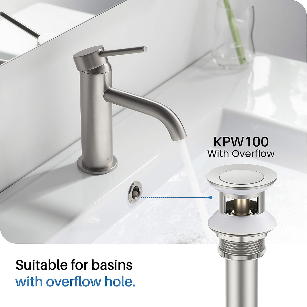 KIBI Circular Single Handle Bathroom Vanity Sink Faucet with Pop Up Drain | Solid Brass Lavatory Faucet with Water Supply Hose | Durable and Corrosion-Resistant | Brushed Nickel, KBF1008