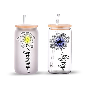 Grifil Zero Birth Month Flower Glass Tumbler, Frosted Glass Tumbler, Bamboo Lid Coffee Cup, Horoscope Birth Month Floral Design, Birthday Flower